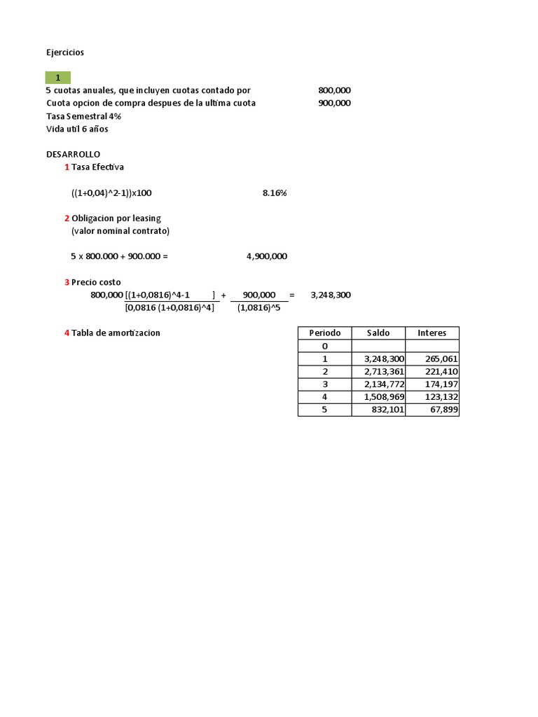 Ejercicios Leasing | PDF | Amortización (Negocio) | Arrendamiento