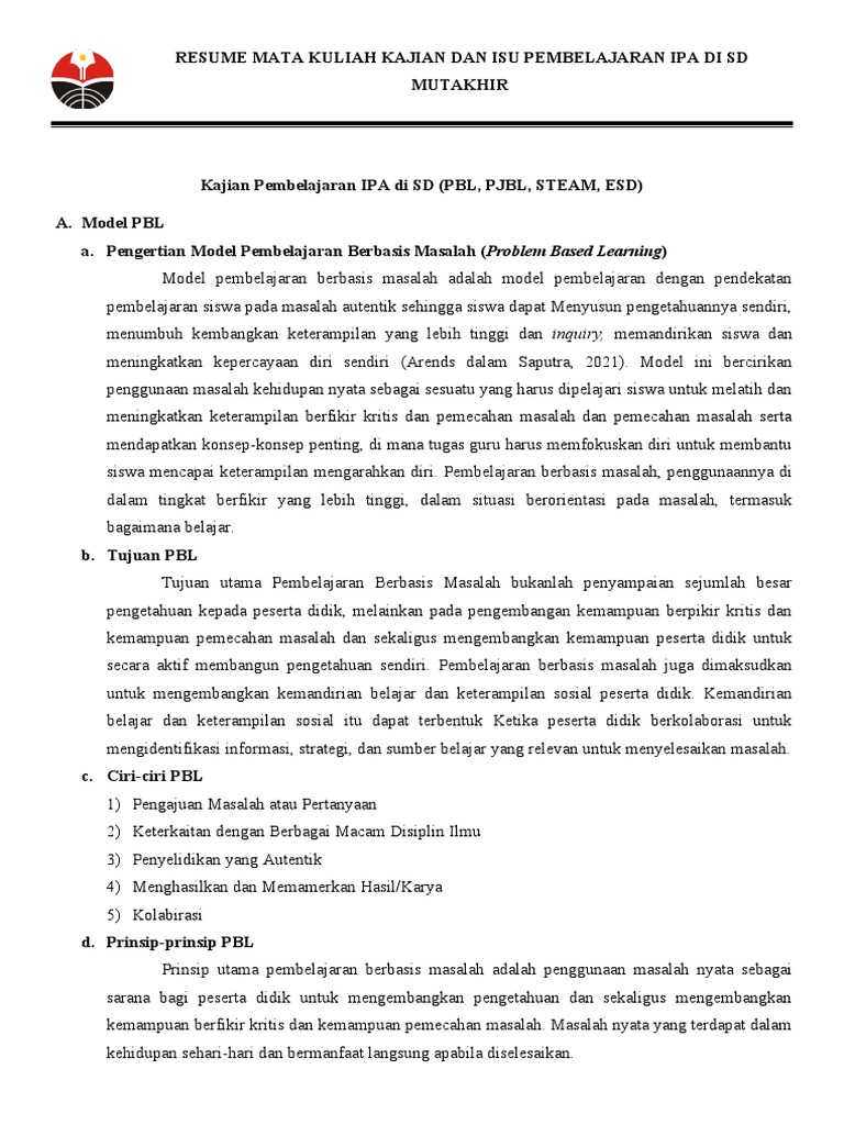 Resume Kajian Pembelajaran Ipa Di SD (PBL, PJBL, Steam, Esd) | PDF