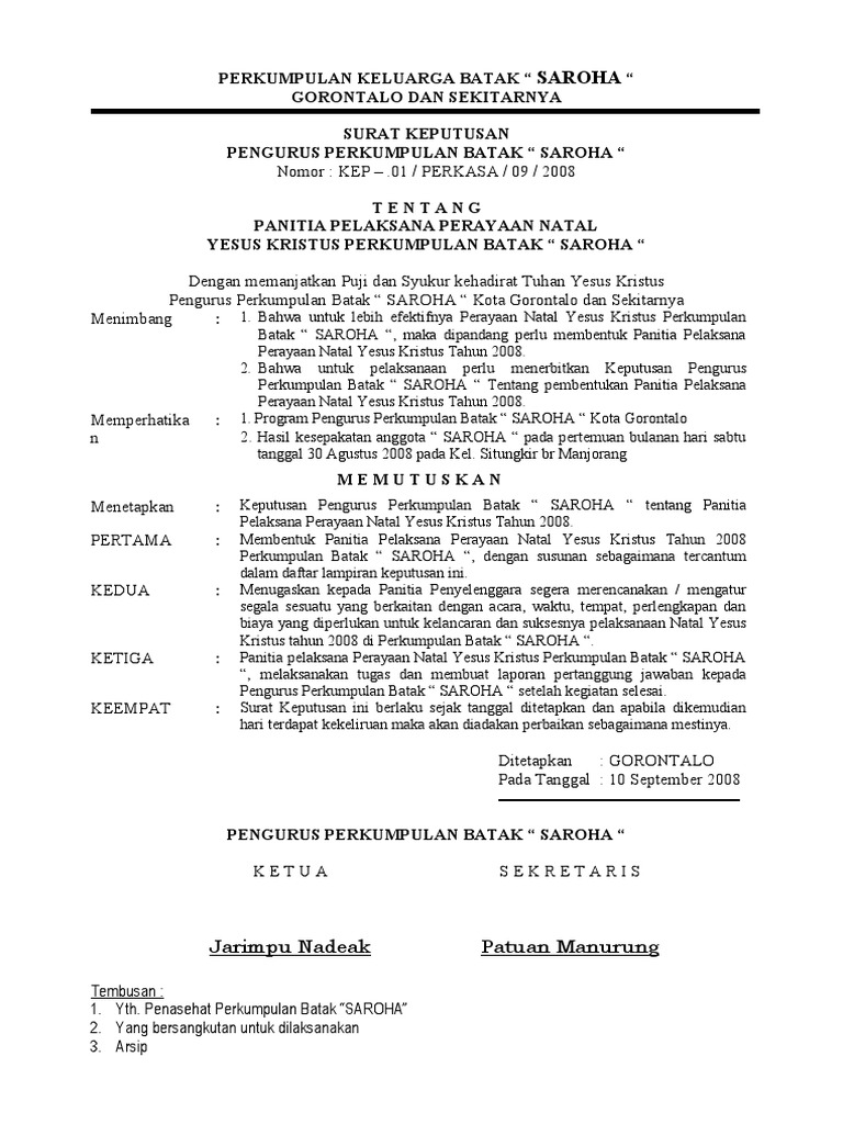 SK Panitia Natal Batak SAROHA 2008 | PDF