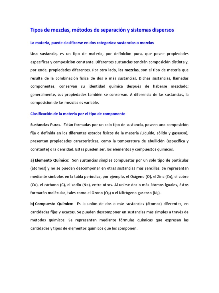 Lectura 4 - Tipos de Mezclas y Métodos de Separación | PDF | Mezcla | Solubilidad