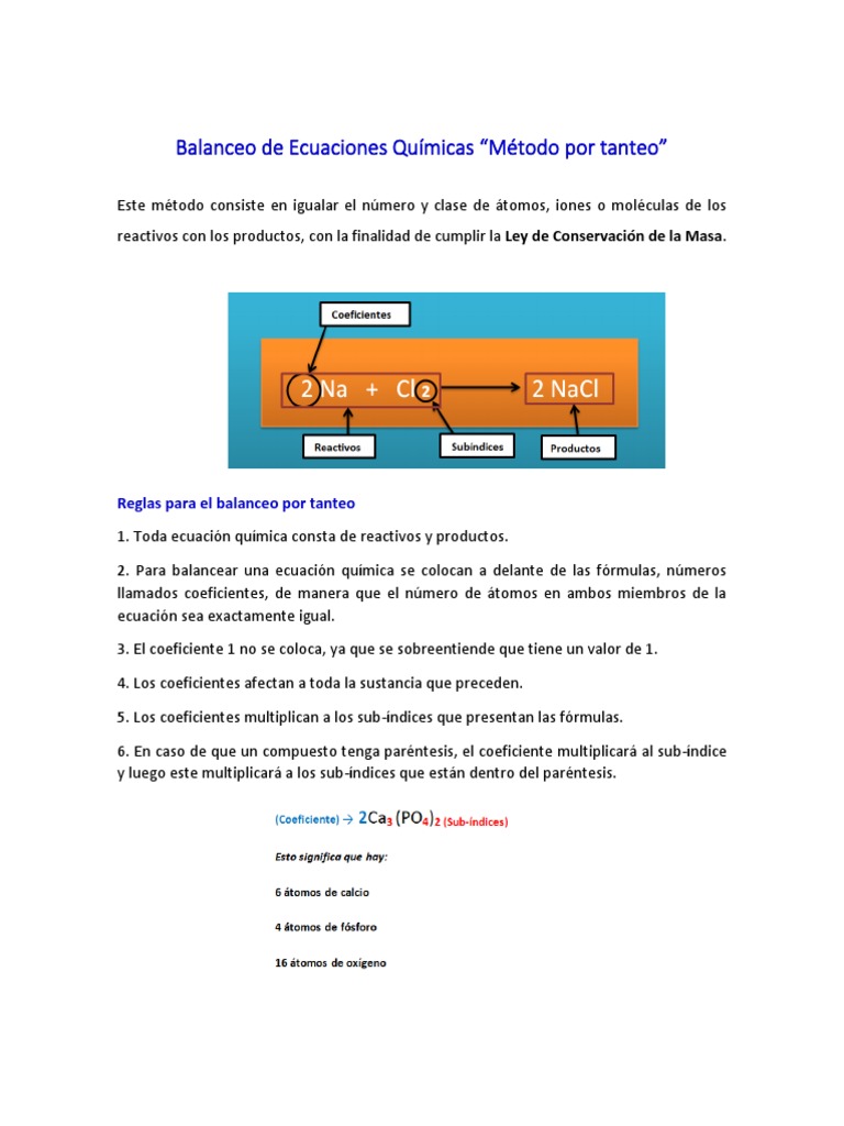 Balanceo de Ecuaciones Químicas por Tanteo | PDF | Estequiometría ...