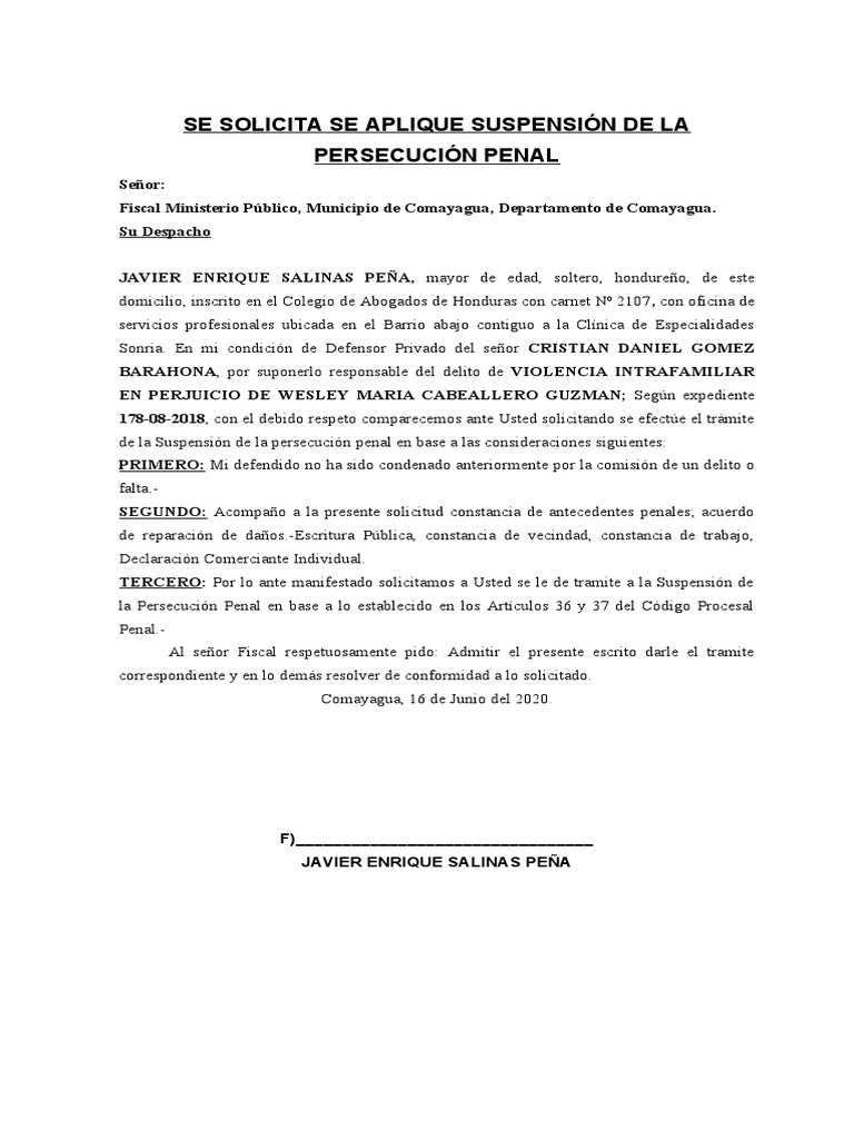 Se Solicita Se Aplique Suspencion de La Persecucion Penal | PDF | Honduras | Ley común