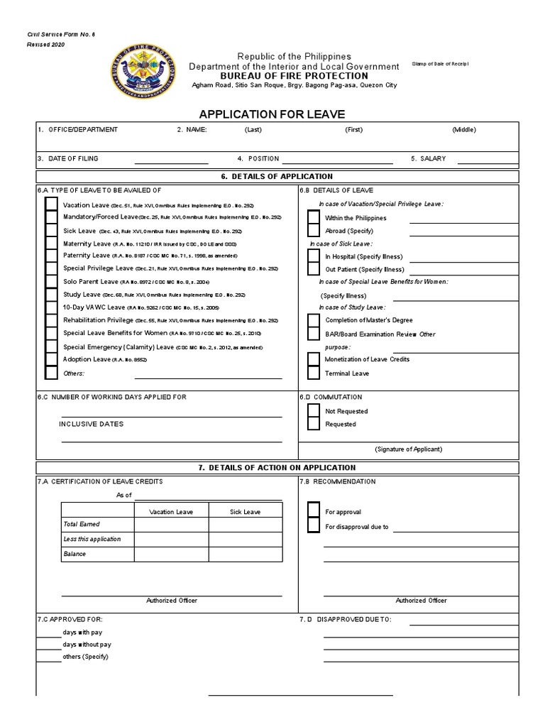 Civil Service Form No. 6 Application For Leave Revised 2020 | PDF ...