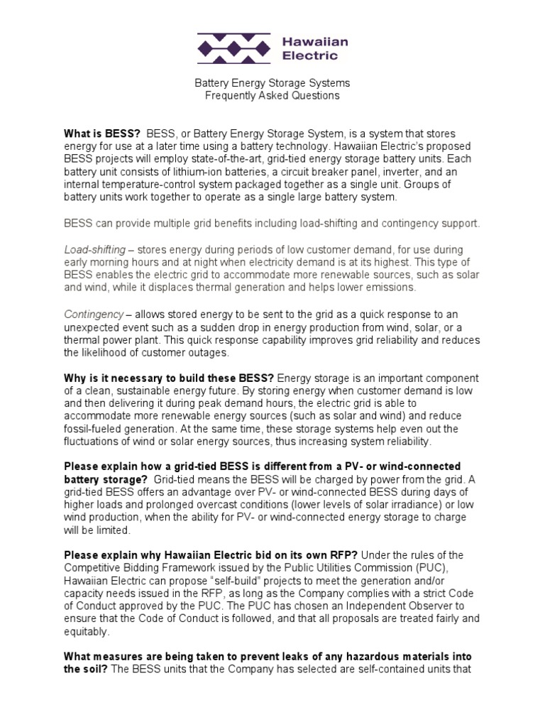 Battery Energy Storage System FAQs by Hawaiian Electric. | PDF ...