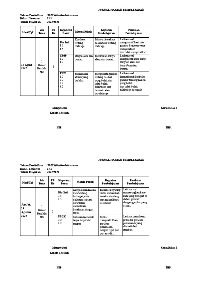JURNAL KELAS 1 TEMA 2 (WEBSITEEDUKASI - COMt) | PDF