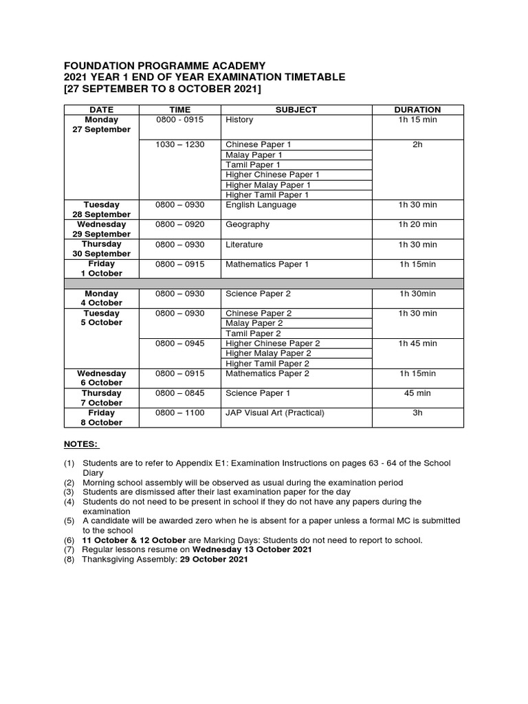 Y1 EYE Exam Timetable 2021 | PDF