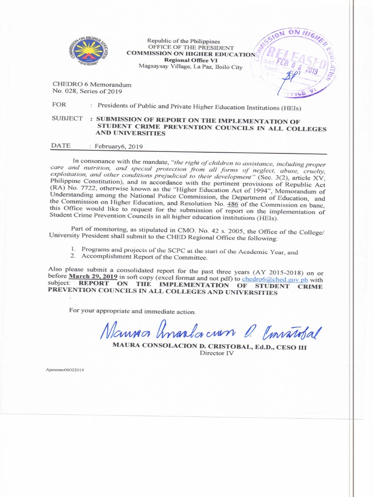 Ched Memo No.028 S. 2019 - Implementation of Student Crime Prevention Councils | PDF
