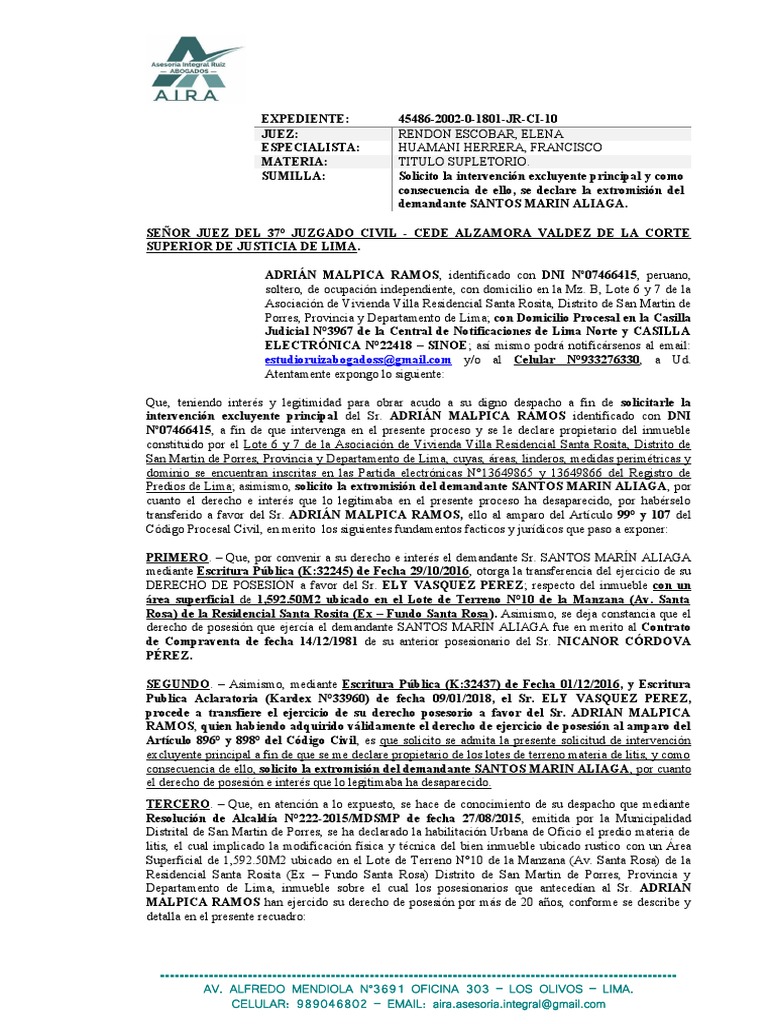 Intervencion Excluyente Principal - Exp 45486 - 2002 | PDF | Ley procesal | Lima