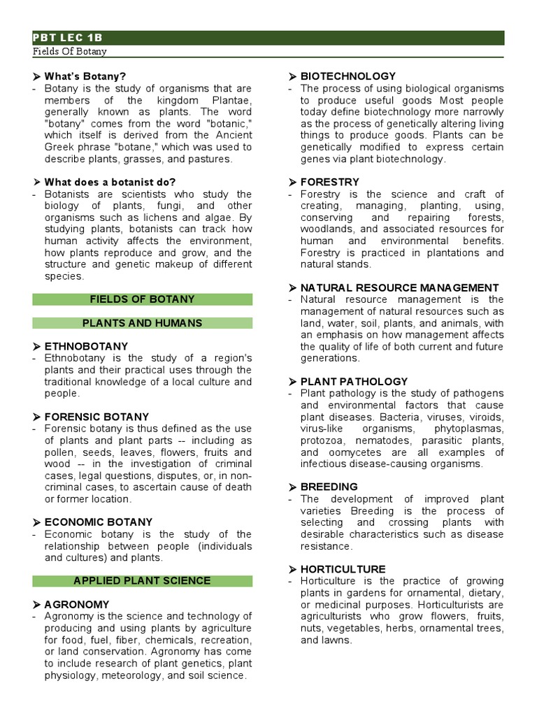 Fields of Botany | PDF | Botany | Plants