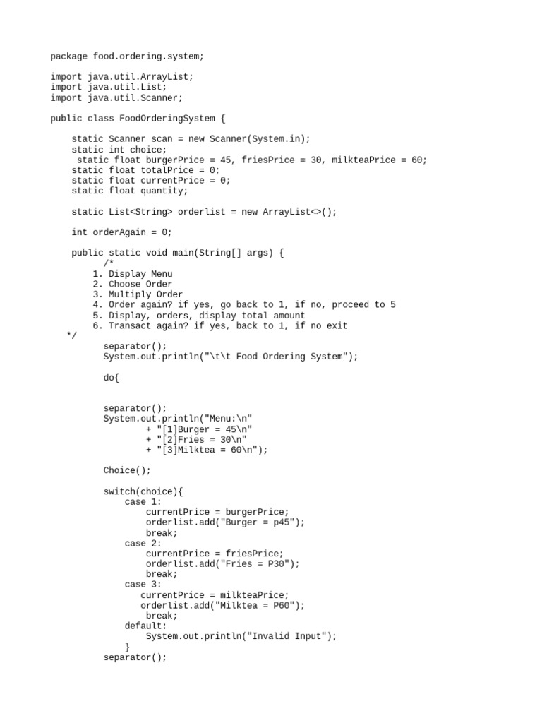 Food Ordering System: A Java Program for Calculating Total Price of Multiple Food Orders | PDF ...