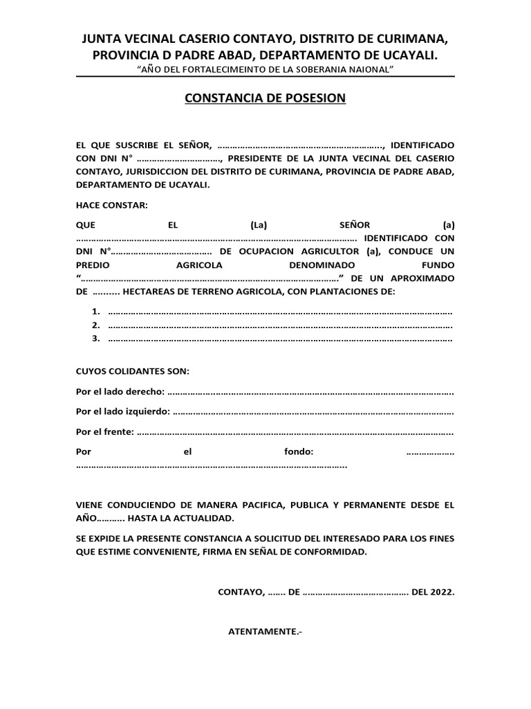 Modelo De Constancia De Posesion De Predio Agricola Pdf