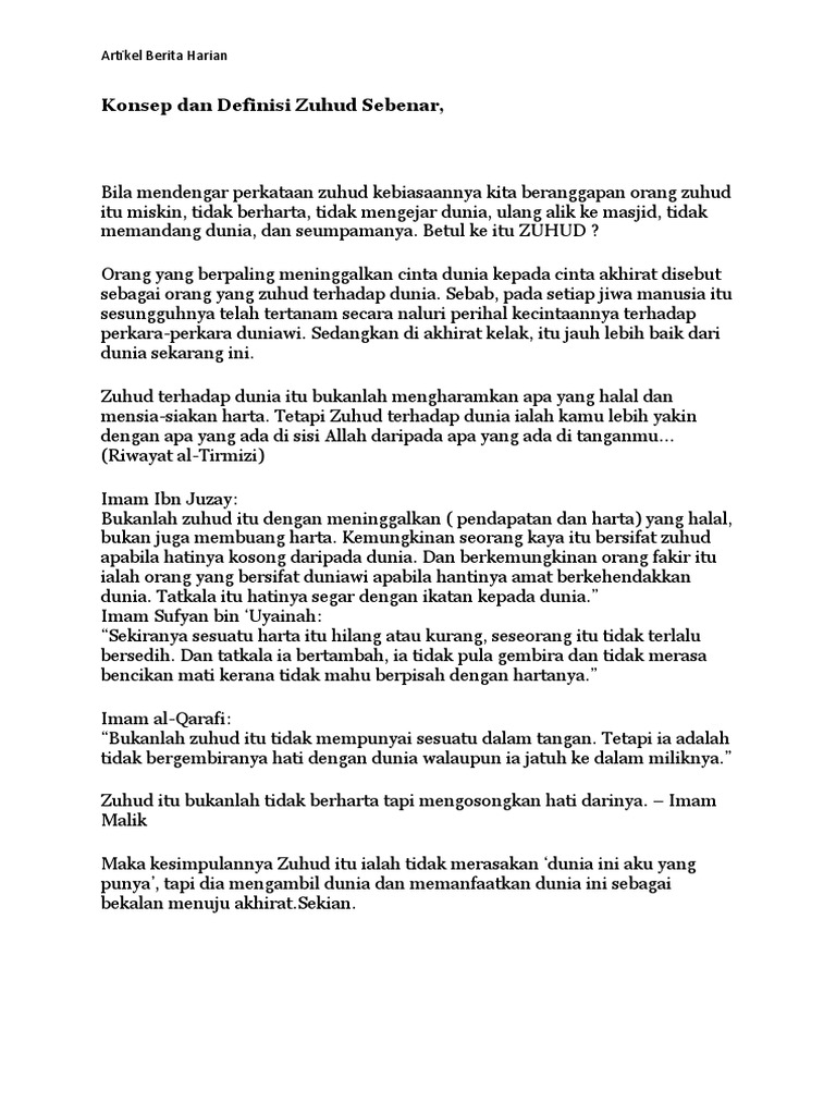 Konsep Dan Takrif Zuhud Yang Sebenar Bharian | PDF