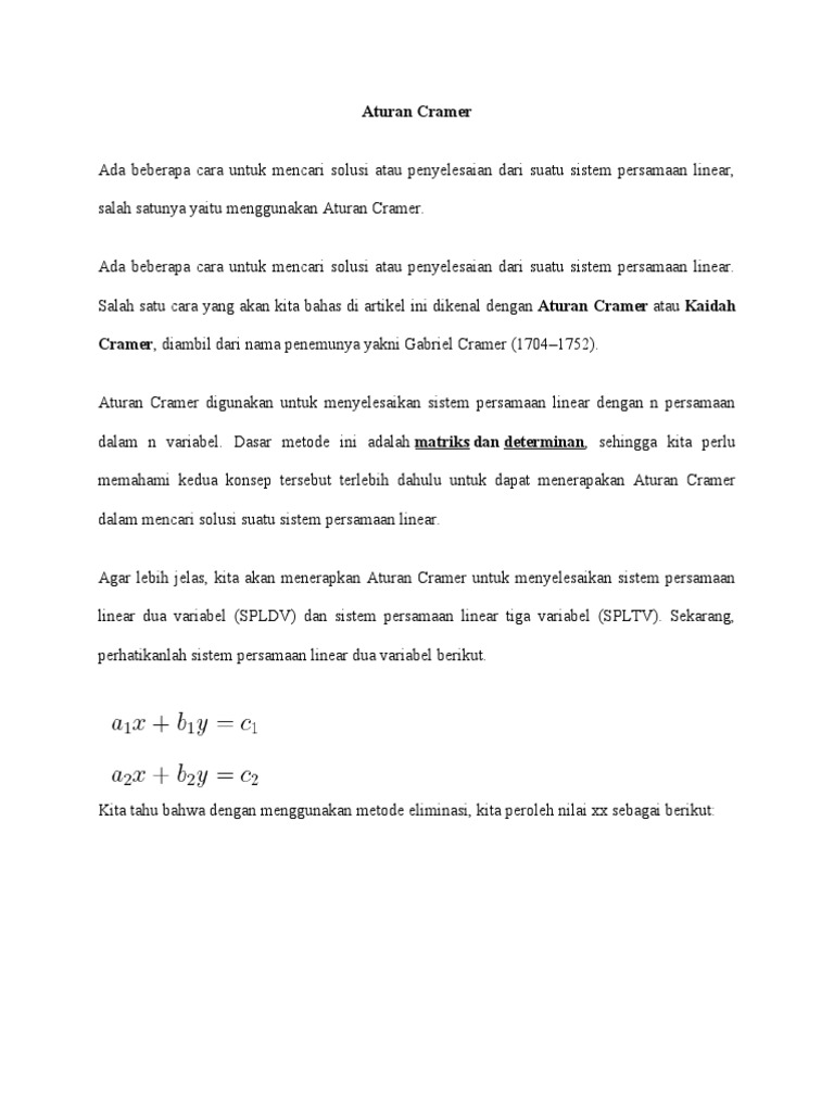 Aturan Cramer untuk SPLDV dan SPLTV | PDF