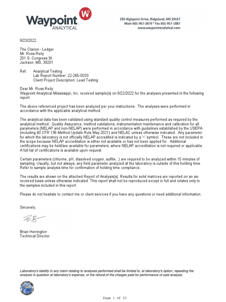 Waypoint Analytical Lead in Jackson Water Report For Clarion Ledger and ...