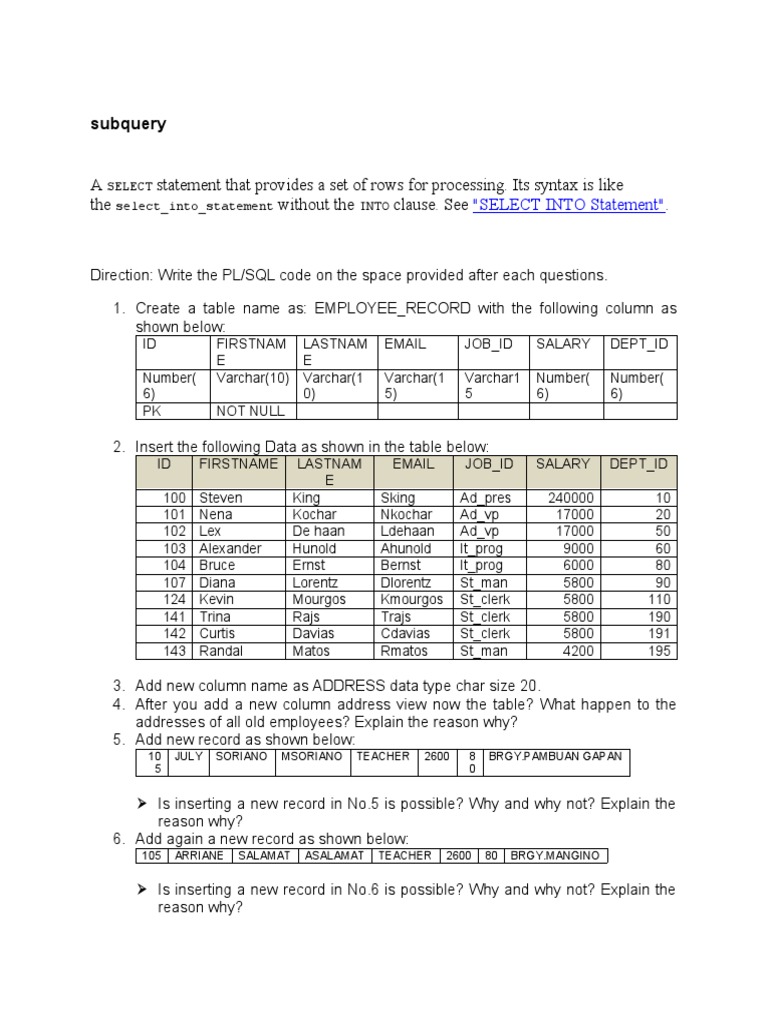 Subquery | PDF | Table (Database) | Computer Programming