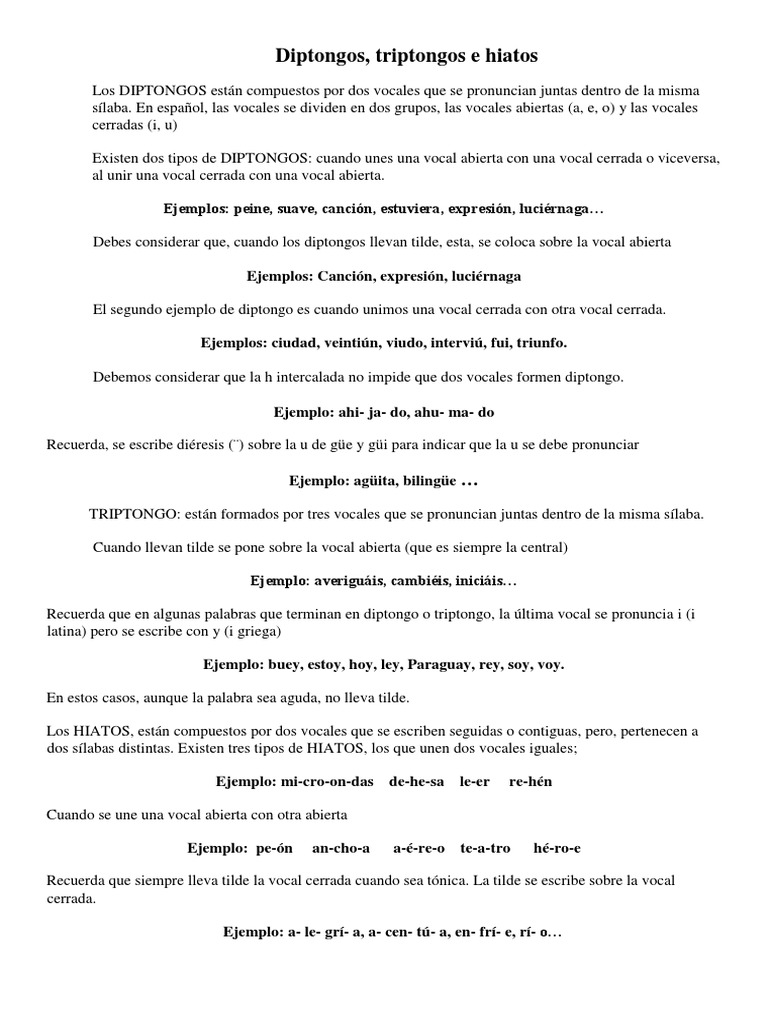 Diptongos, triptongos y hiatos en español | PDF | Vocal | Voz humana