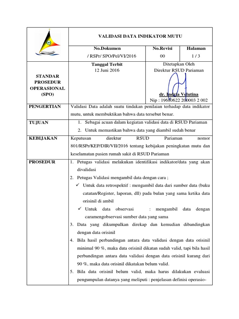 Spo Validasi Data Indikator Mutu | PDF
