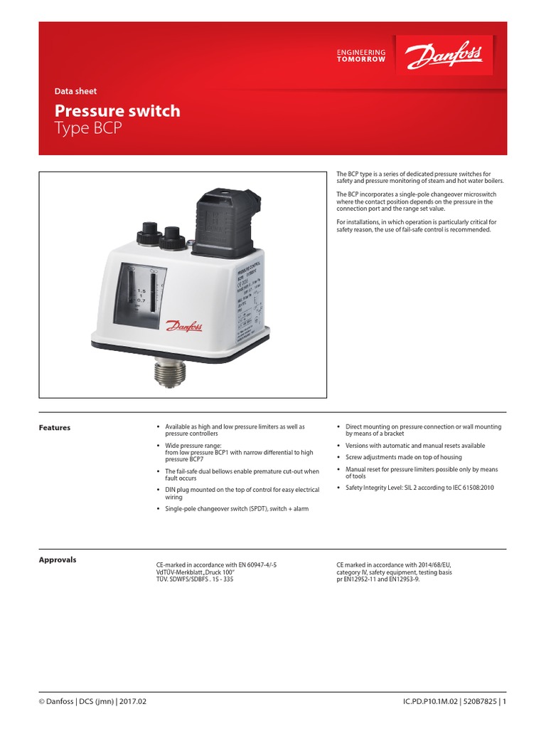 DANFOSS Pressure Switch - Type BCP | PDF | Switch | Relay