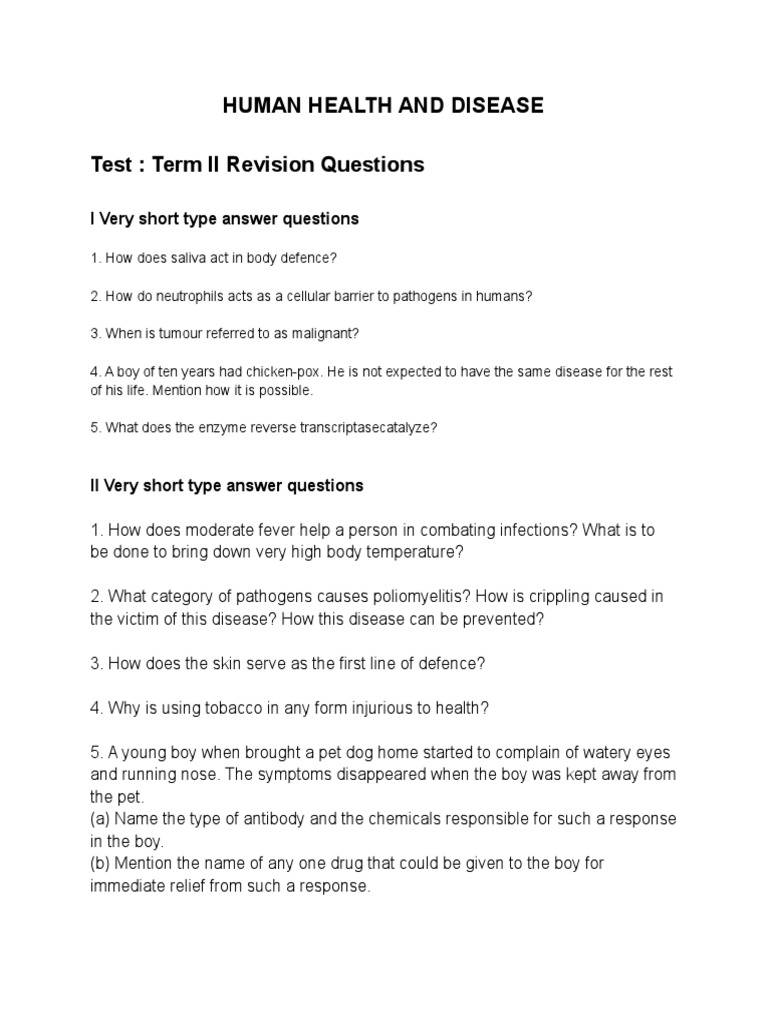 Human Health and Diseases Term II Model Chapter Test | PDF | Infection ...