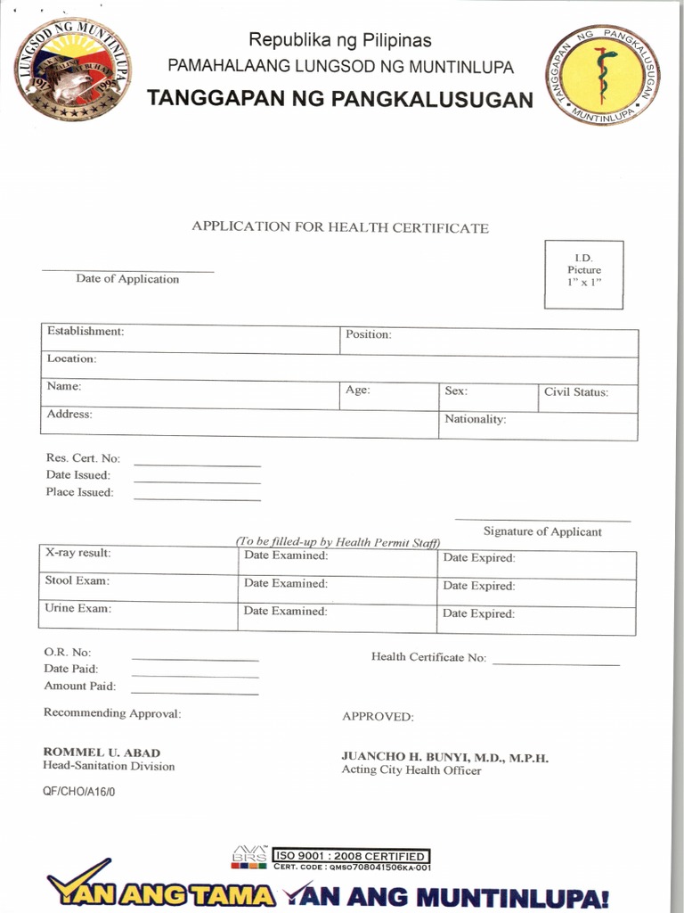 Muntinlupa Application For Health Certificate Form 2022 | PDF