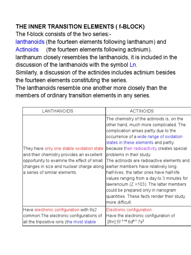 The Inner Transition Elements (F-Block) | PDF | Lanthanide | Electron ...