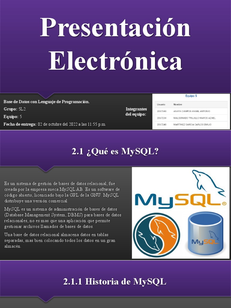 Equipo 5 - Dimensión 3 - Presentación Electrónica | PDF | SQL | Mi sql