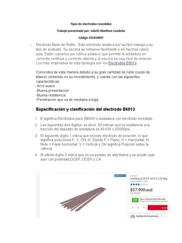 Tipos y características de electrodos revestidos para soldadura | PDF ...