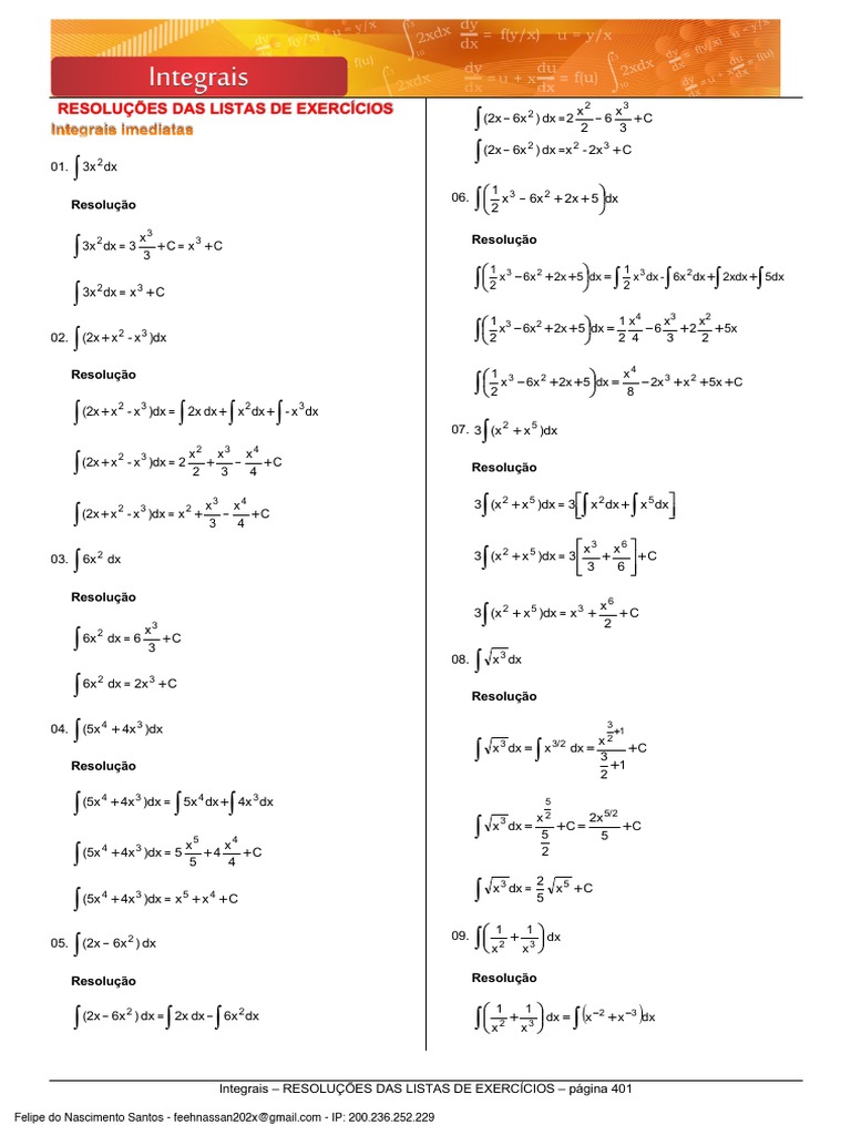 02.conceito de Integral - Exercícios Da Lista - Resoluções | PDF