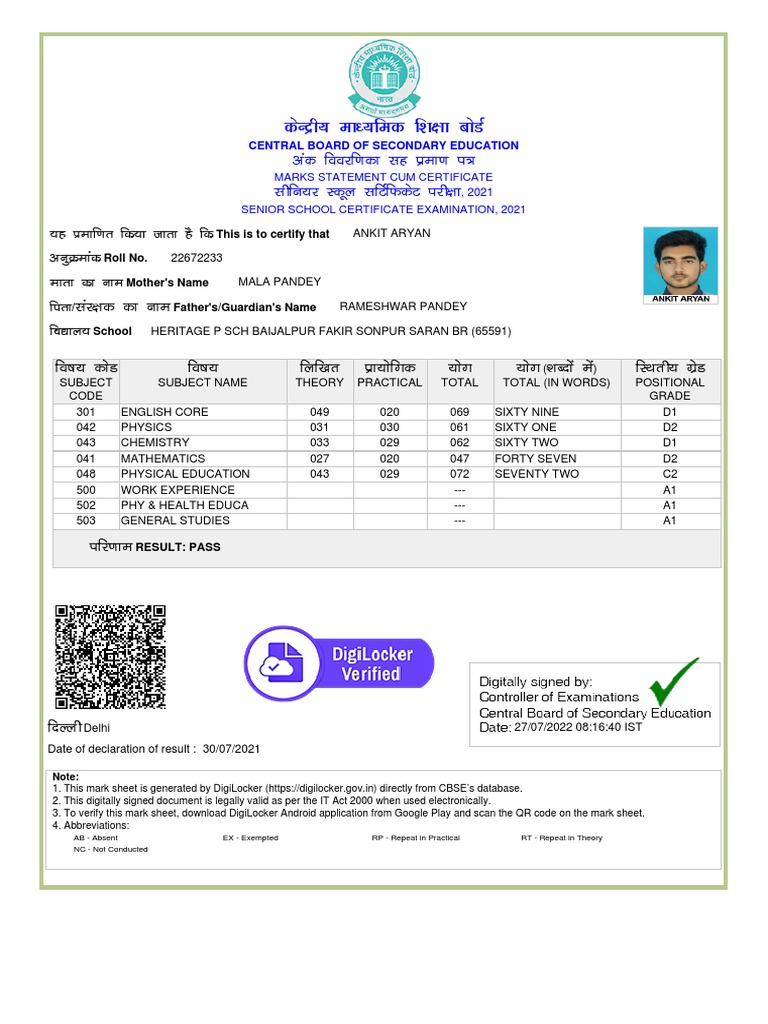 12th Marksheet Ankit | PDF