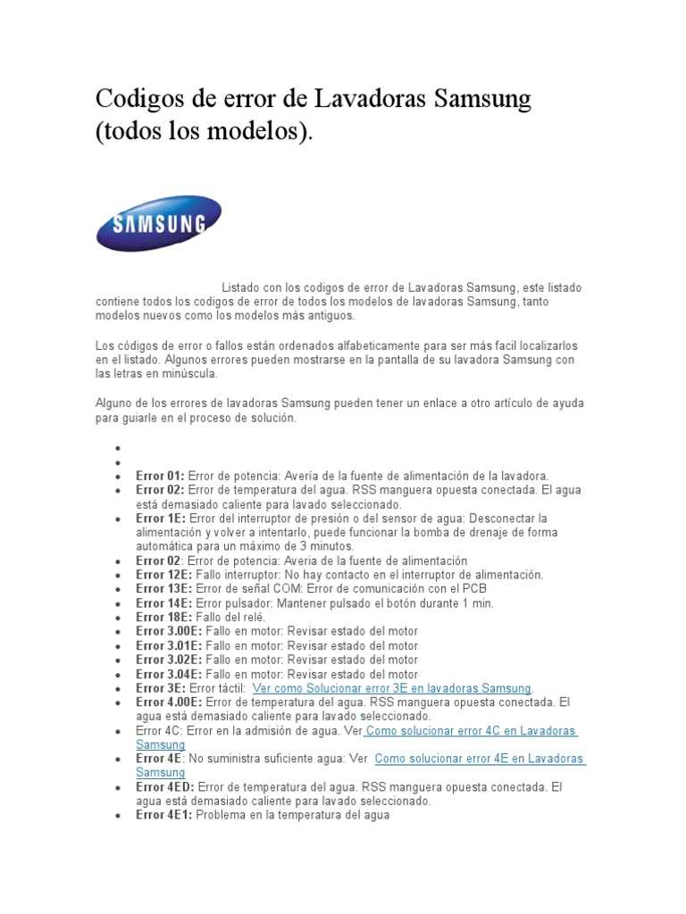 Codigos de Error de Lavadoras Samsung | PDF | Lavadora | Agua