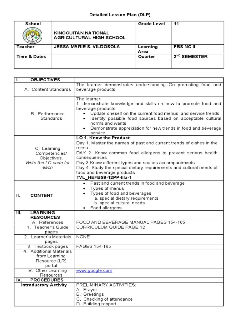 Week 11 DLP FBS | PDF | Menu | Tableware