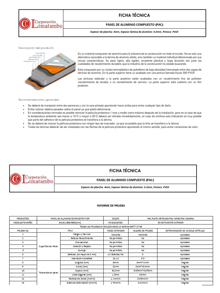 Ficha Técnica: Panel de Aluminio Compuesto (Pac) | PDF | Aluminio | Revestimiento