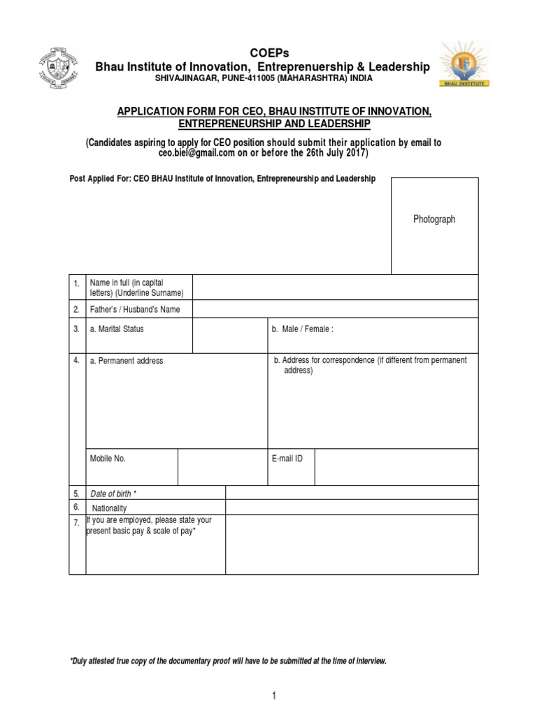 CEO Application Form - Bhau Institute | PDF