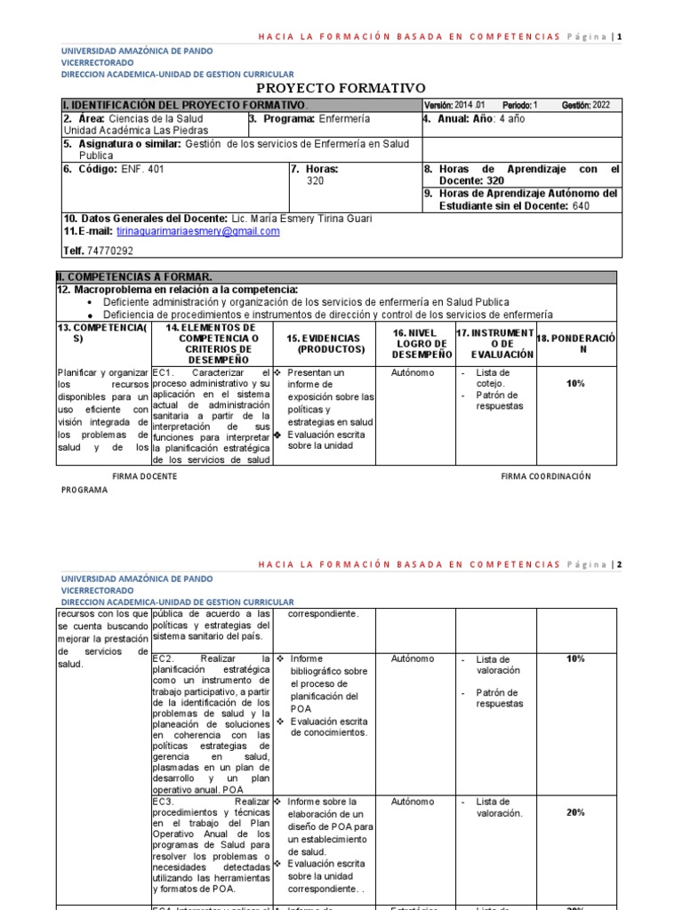 Formato Proyecto Formativo Gestion | PDF | Planificación | Evaluación