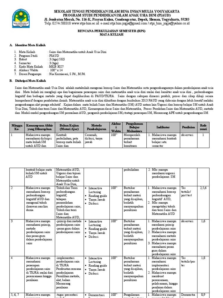 RPS Sains & Matematika PIAUD | PDF | Karier & Perkembangan
