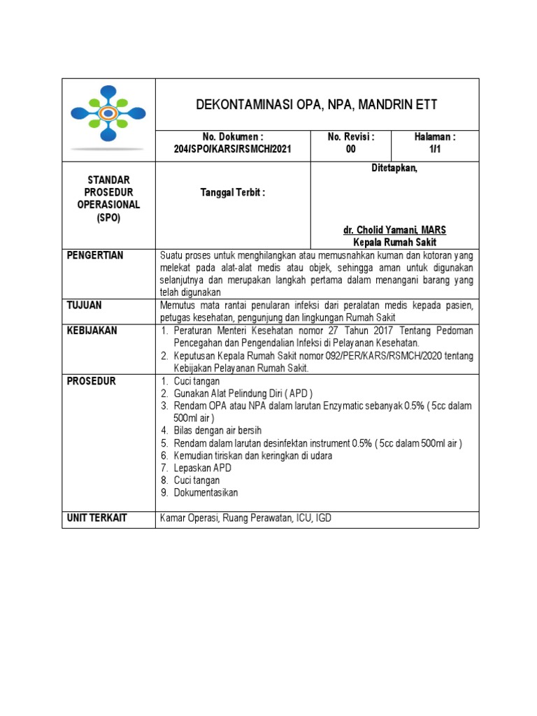 204 - Spo Dekontaminasi Opa, Npa, Mandrin Ett | PDF