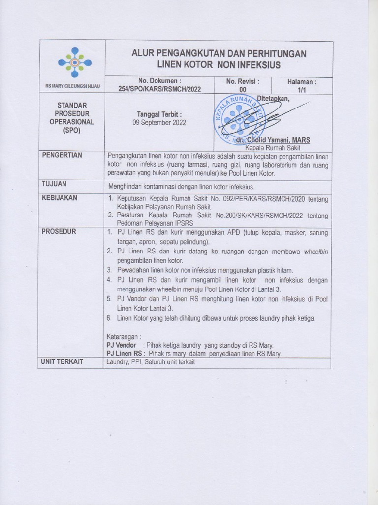 254 - Spo Alur Pengangkutan Dan Prhitungan Linen Kotor Non Infeksius | PDF
