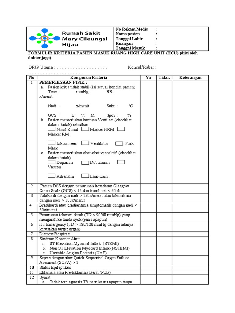 Form Kriteria Icu | PDF