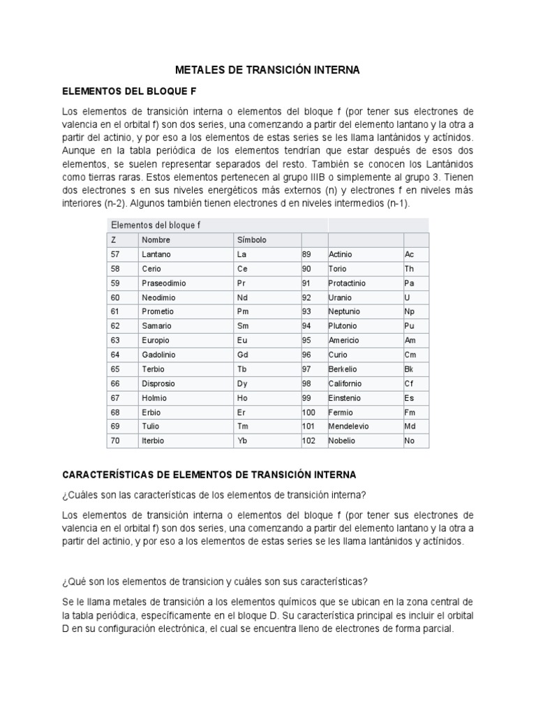 METALES DE TRANSICIÓN INTERNA | PDF | Metales de transición | Rieles