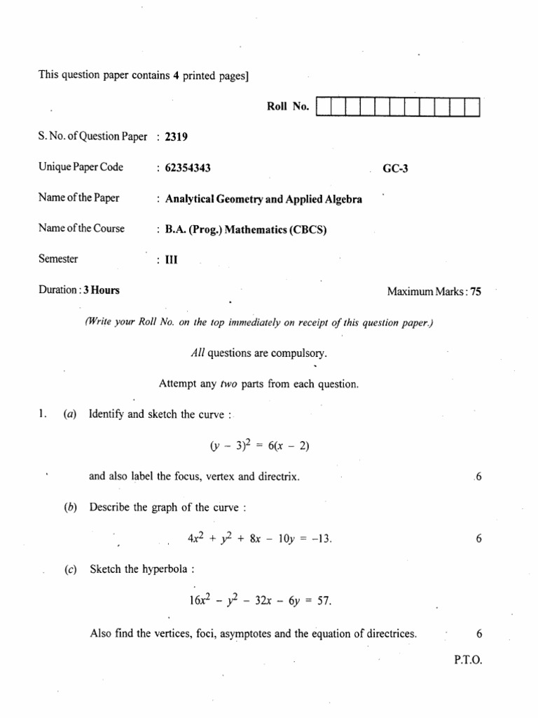 B.A (Prog.) Iii Mathematics (CBCS) Analytical Geometry and Applied ...