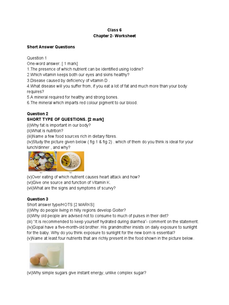 Work Sheet Chapter 2 Class 6 | PDF | Vitamin | Foods