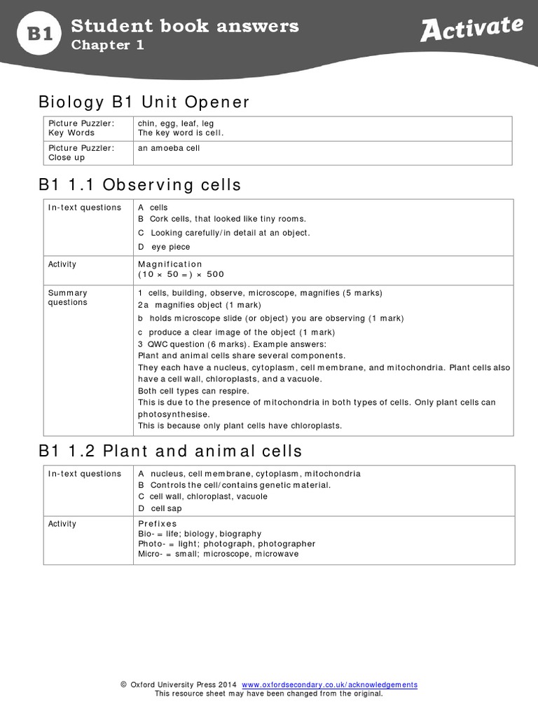 Activate 1 Biology Chapter1 Answers | PDF | Cell (Biology) | Chloroplast