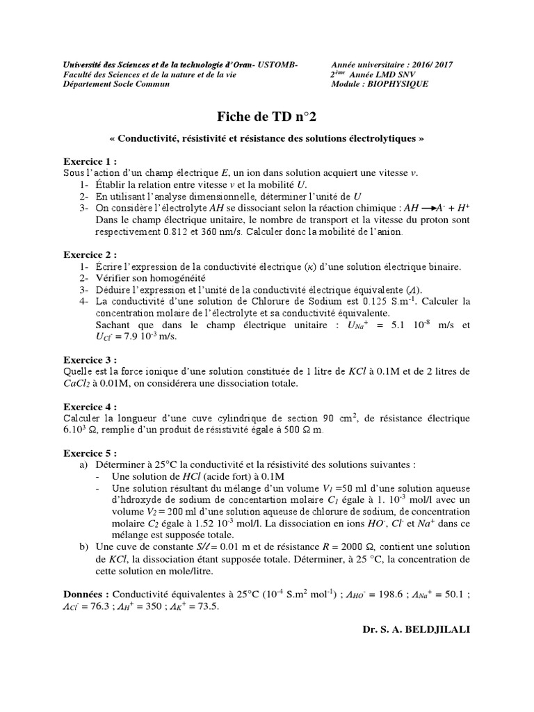 Td2 Biophysique SNV Ustomb | PDF | Dissociation (chimie) | Concentration molaire