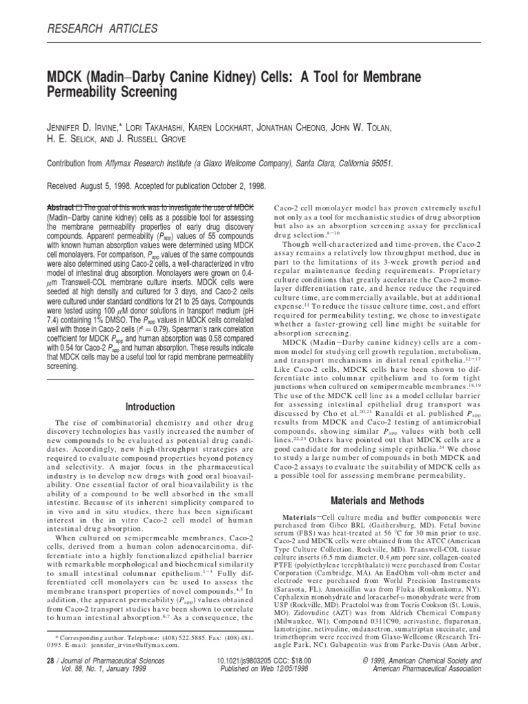 J Pharm Sci - 2000 - Irvine - MDCK Madin Darby Canine Kidney Cells A Tool For Membrane ...