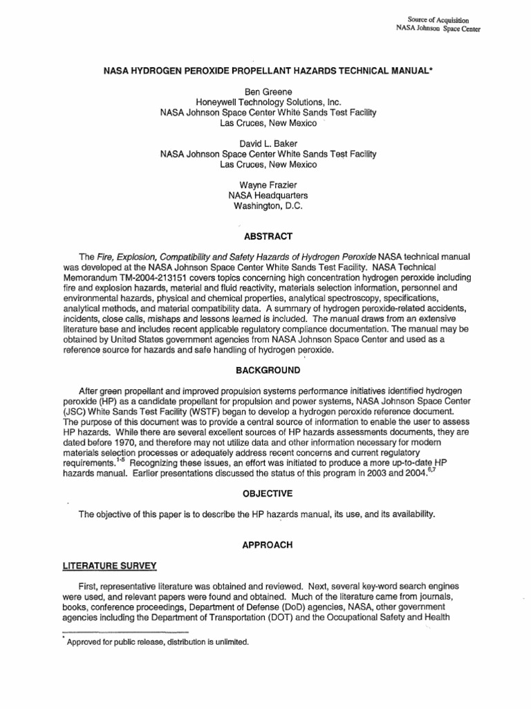 NASA Hydrogen Peroxide Propellant Hazards Technical Manual | PDF ...