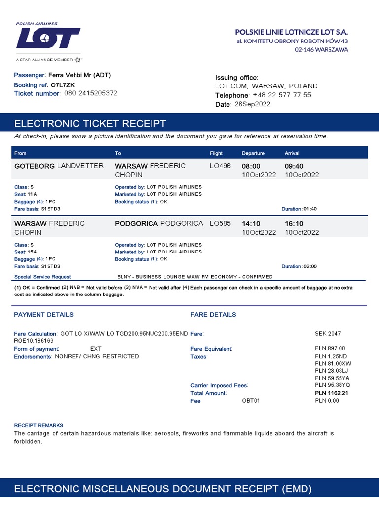 Your Electronic Ticket-EMD Receipt | PDF | Privacy Policy | Airlines