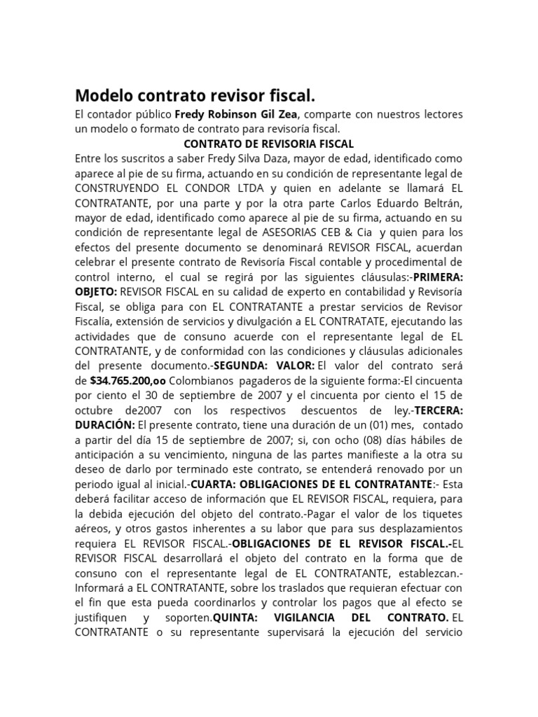 Modelo Contrato Revisor Fiscal | PDF | Contabilidad Modelo Contrato Revisor Fiscal | PDF | Contabilidad