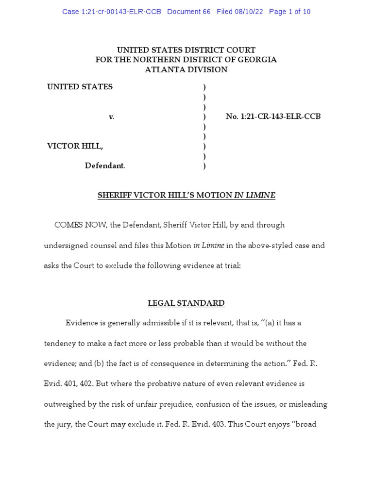 Defense Motion To Exclude Evidence/arguments in Victor Hill Trial | PDF | Relevance (Law ...