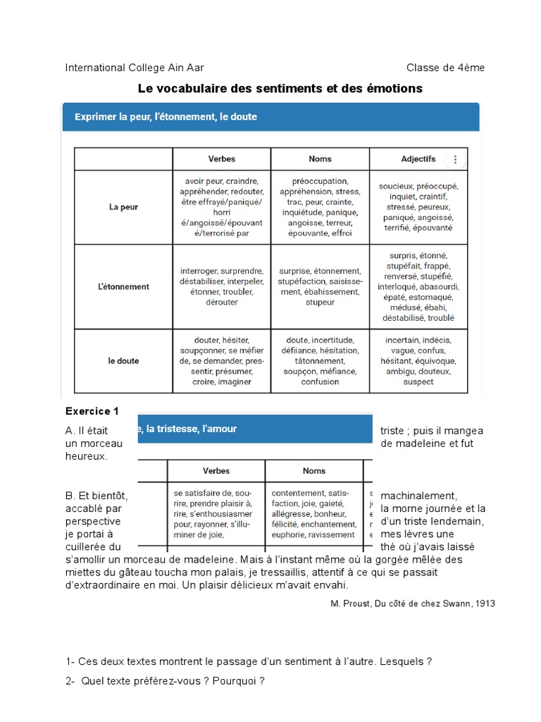Vocabulaire des sentiments en 4ème | PDF | Le Rouge et le Noir