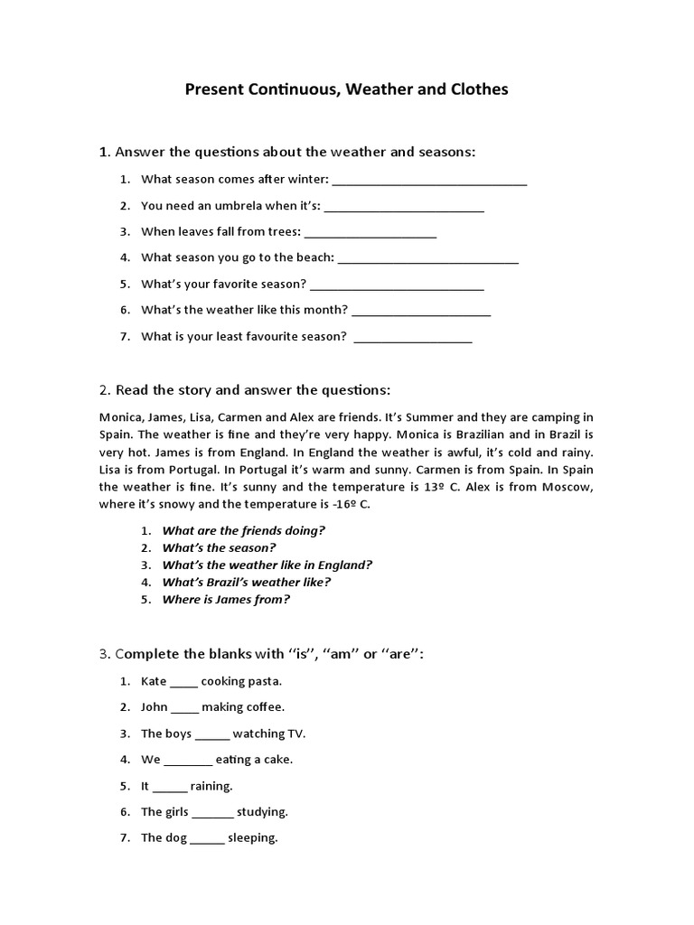 Act. Present Continuous, Weather and Clothes Word Version | PDF